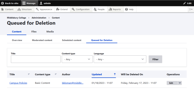 Drupal Now Holds onto Deleted Pages for 30 Days | Middlebury